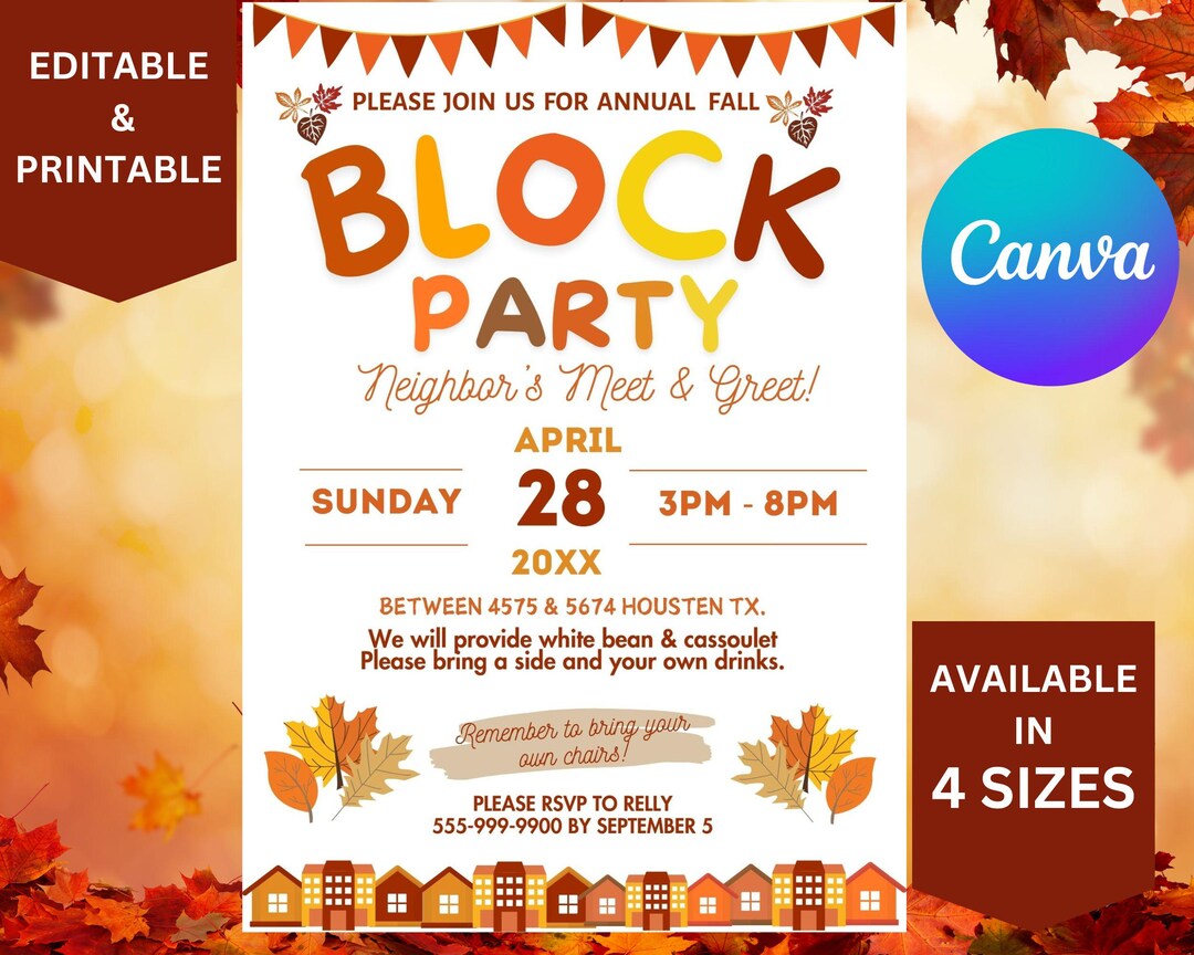 Fall Block Party Flyer Template, Editable Fall Block Party Announcement ...
