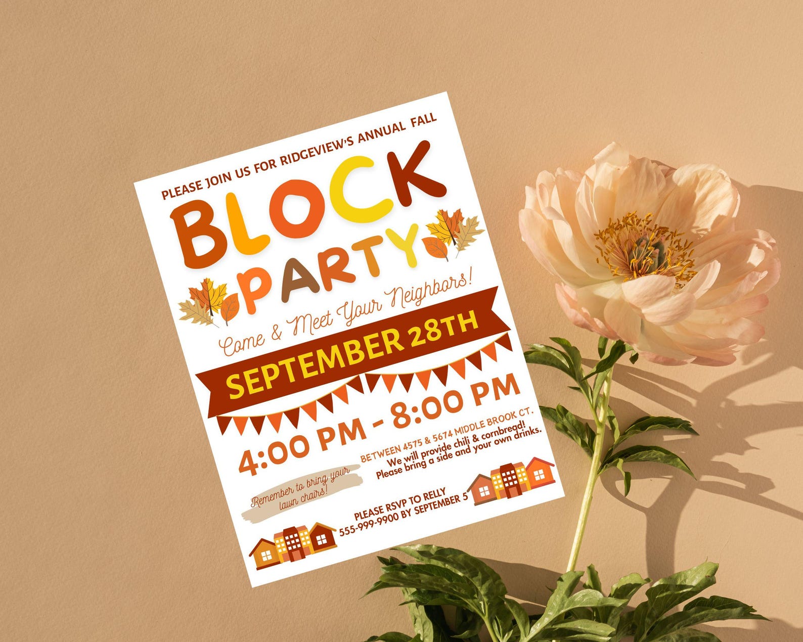Fall Block Party Flyer Editable Template for Autumn Neighborhood Party ...