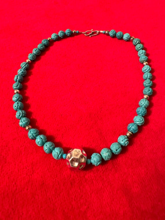 Vintage Carved Turquoise Bead Necklace, length 18" - Gem