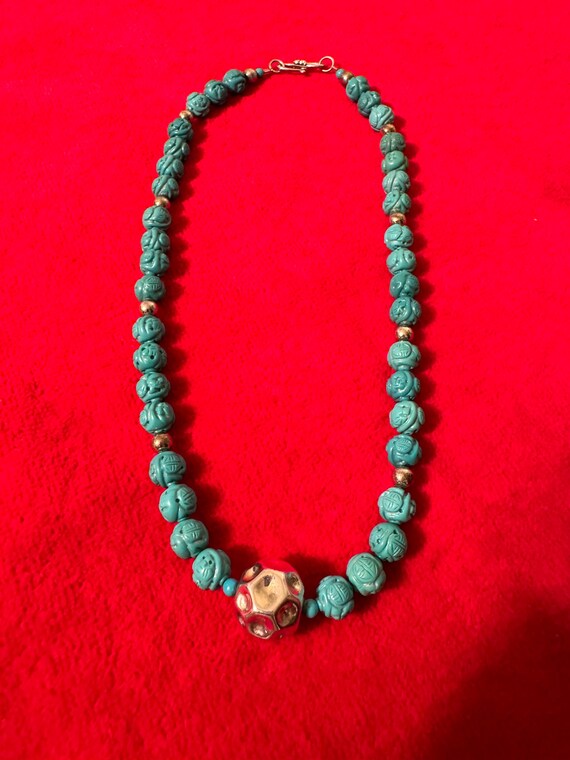 Vintage Carved Turquoise Bead Necklace, length 18" - Gem