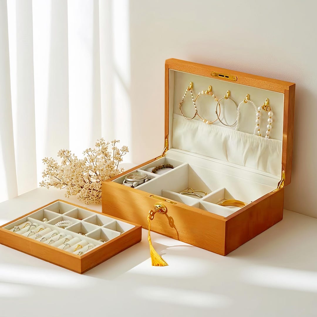 Cherry Wood Jewelry Box, 1.5-layer Jewelry Box With Lock, Personalized ...