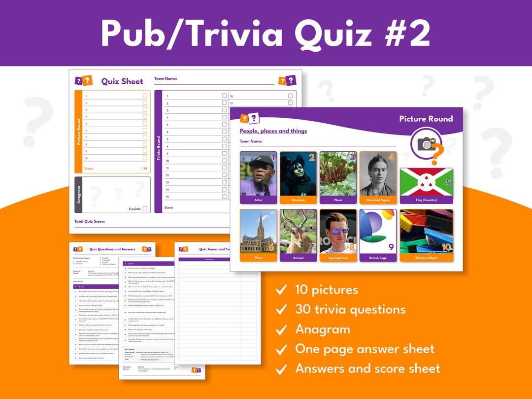 Printable Pub Quiz 2: 30 Trivia Questions Answers, 10 Pictures, Plus ...