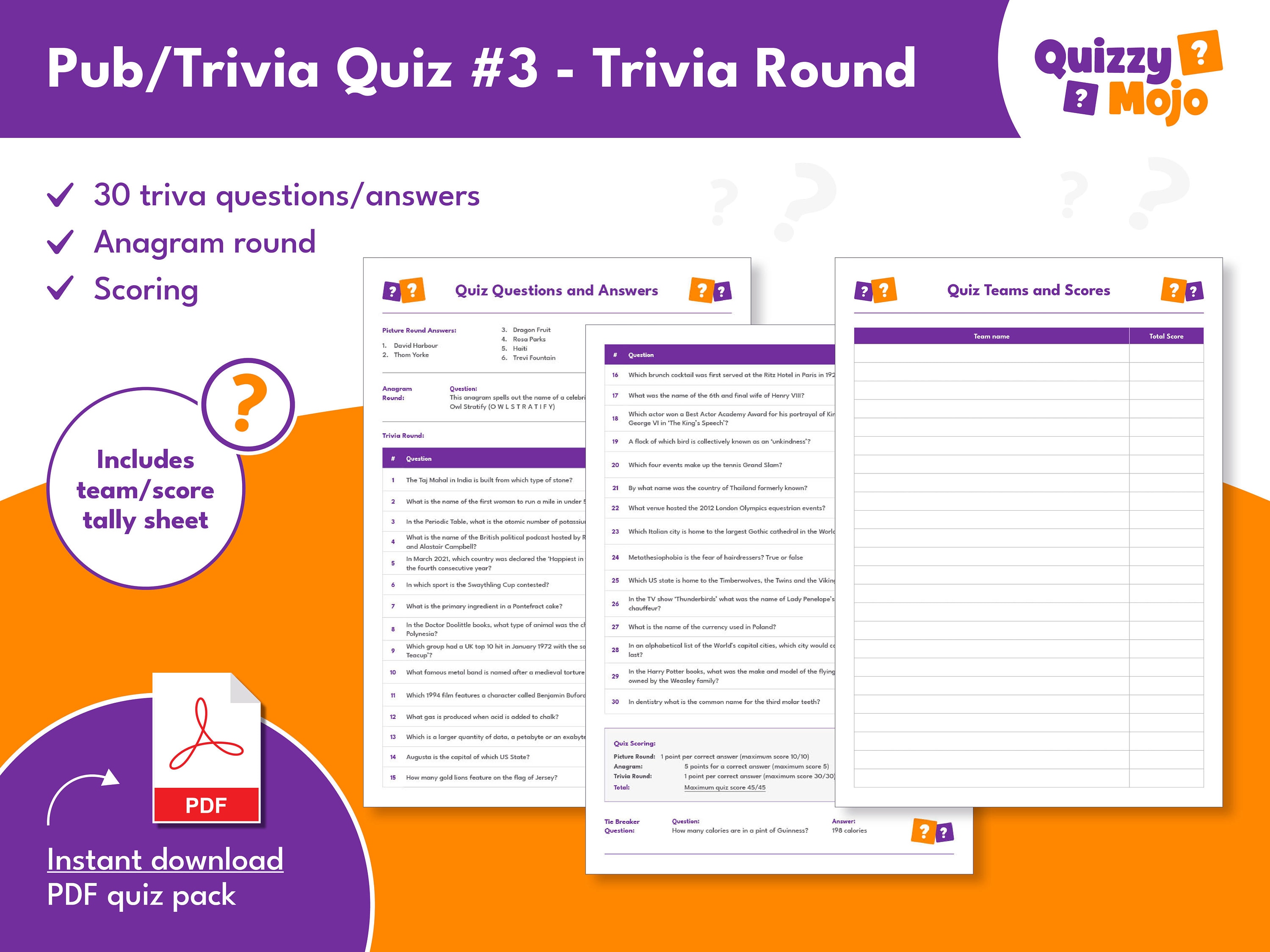 Printable Pub Quiz 3: 30 Trivia Questions Answers, 10 Pictures, Plus ...