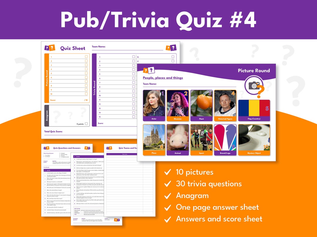 Printable Pub Quiz 4: 30 Trivia Questions Answers, 10 Pictures, Plus ...