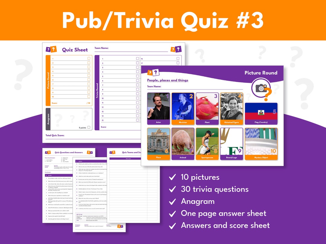 Printable Pub Quiz 3: 30 Trivia Questions Answers, 10 Pictures, Plus ...