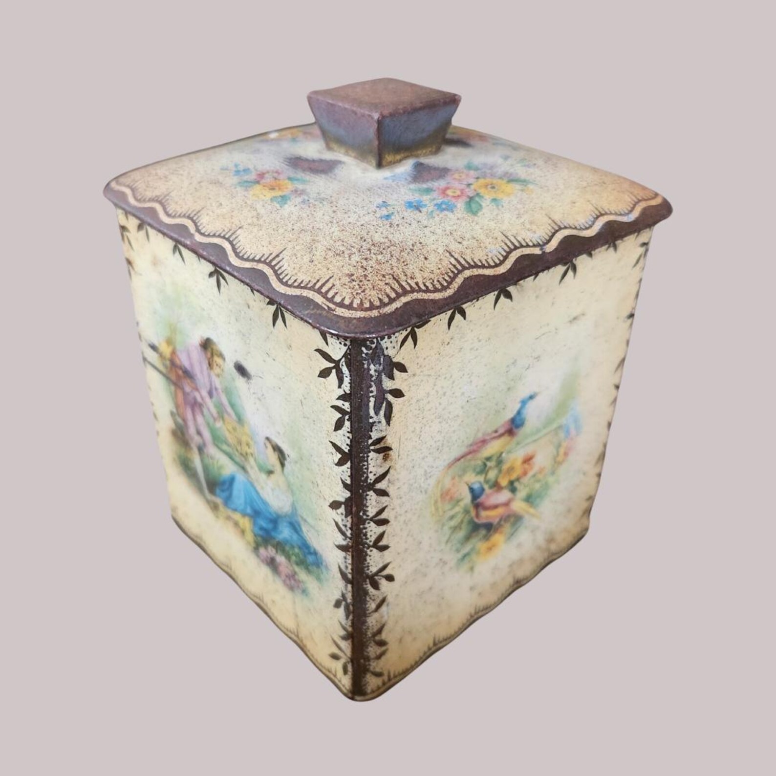 Vintage Romantic Scene Square Tin Mid 20th Century Decorative Tea or ...