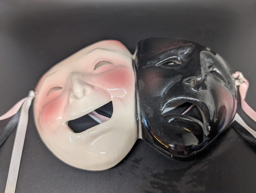 Art Deco Comedy Tragedy Ceramic Masks - Clay Art With Ribbons - Hanging ...