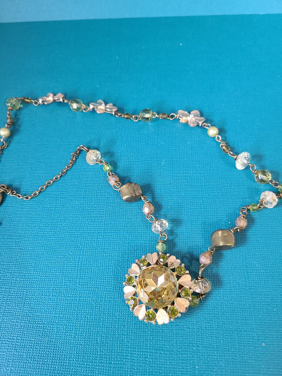 Repurposed Green Brooch with a pearl citrine Swarovski | Etsy