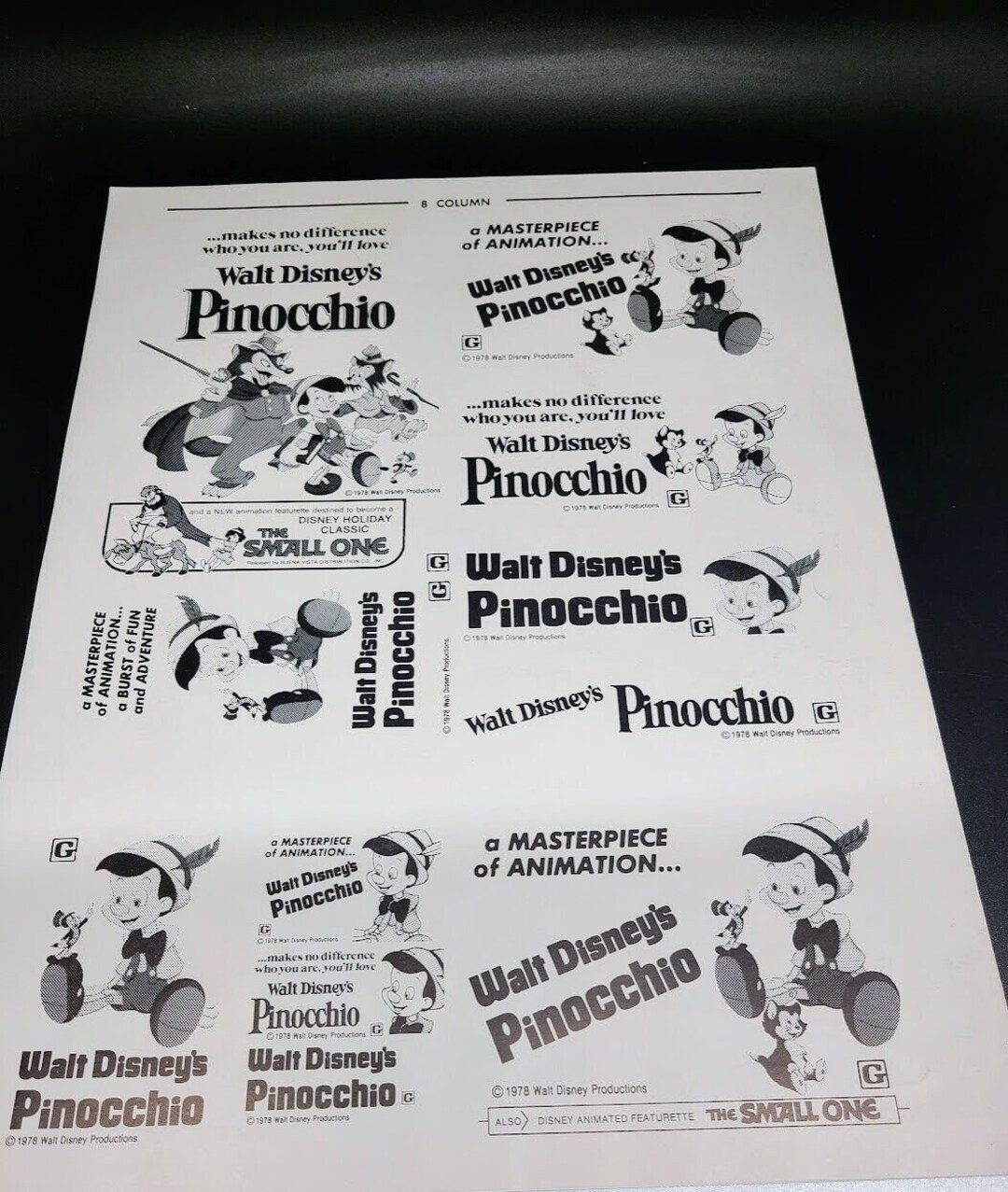 Vintage 1978 Walt Disney 2 Page Pinnochio Ad Sheet and the Small One ... Vintage 1978 Walt Disney 2 Page Pinnochio Ad Sheet and the Small One ...