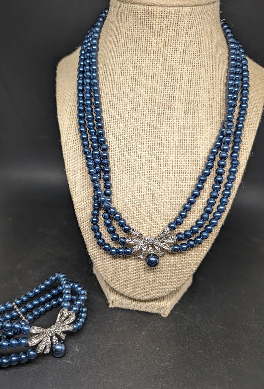 Beautiful Blue Faux Pearl 3 Strand Necklace and Matching Bracelet With ...