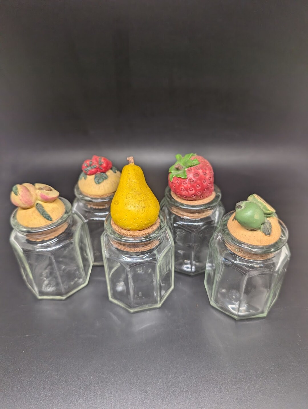 Set of 5 Vintage Jars With Clay Fruit Cork Tops - Pear - Strawberry ...
