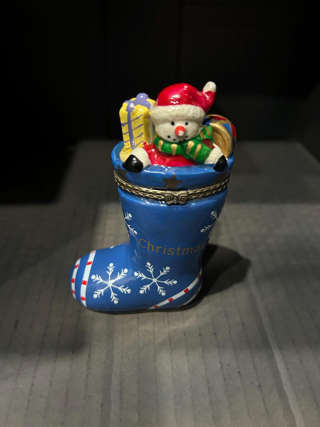 Porcelain Hinged Trinket Box Christmas Blue Stocking W/snowman Doll ...
