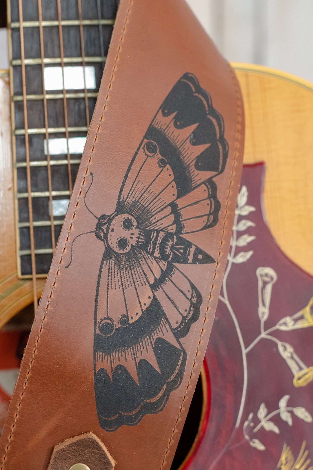 Personalized Leather Guitar Strap Handmade Banjo Strap Made in USA Moth ...