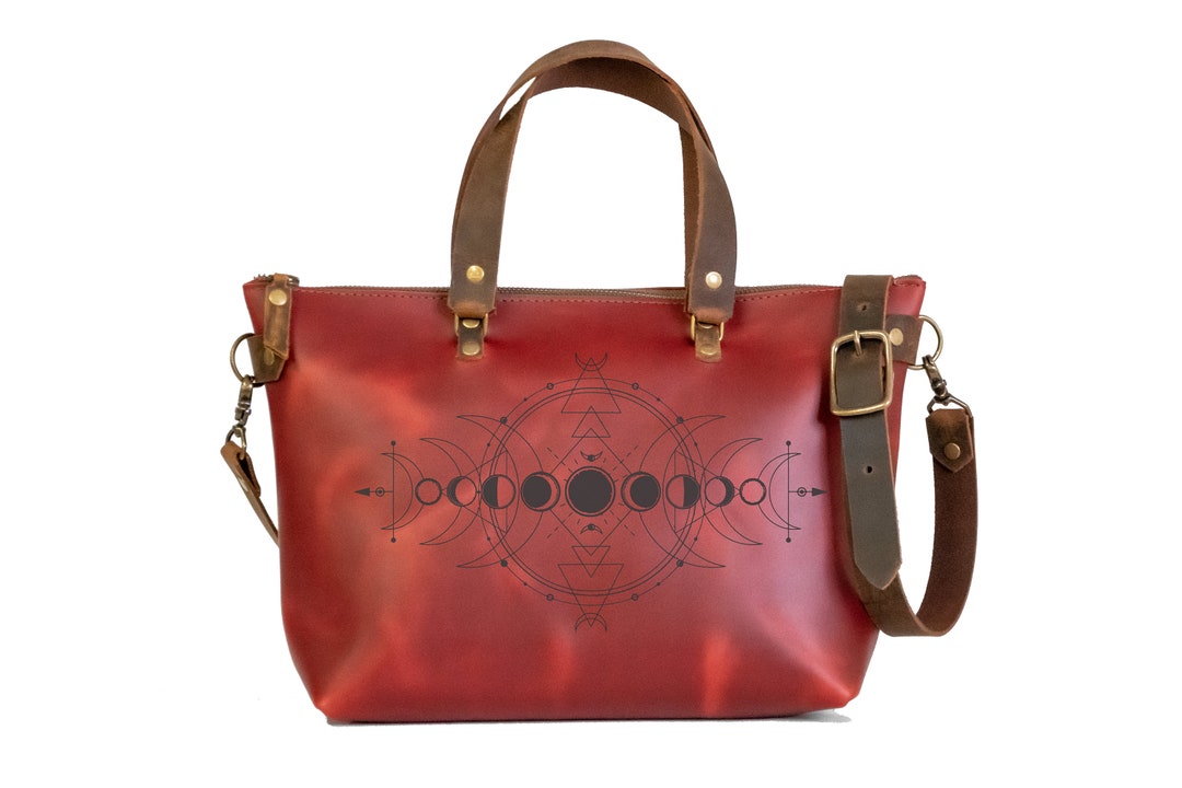 Handmade Leather Bowler Bag Printed Leather Bag Crossbody Zipper ...
