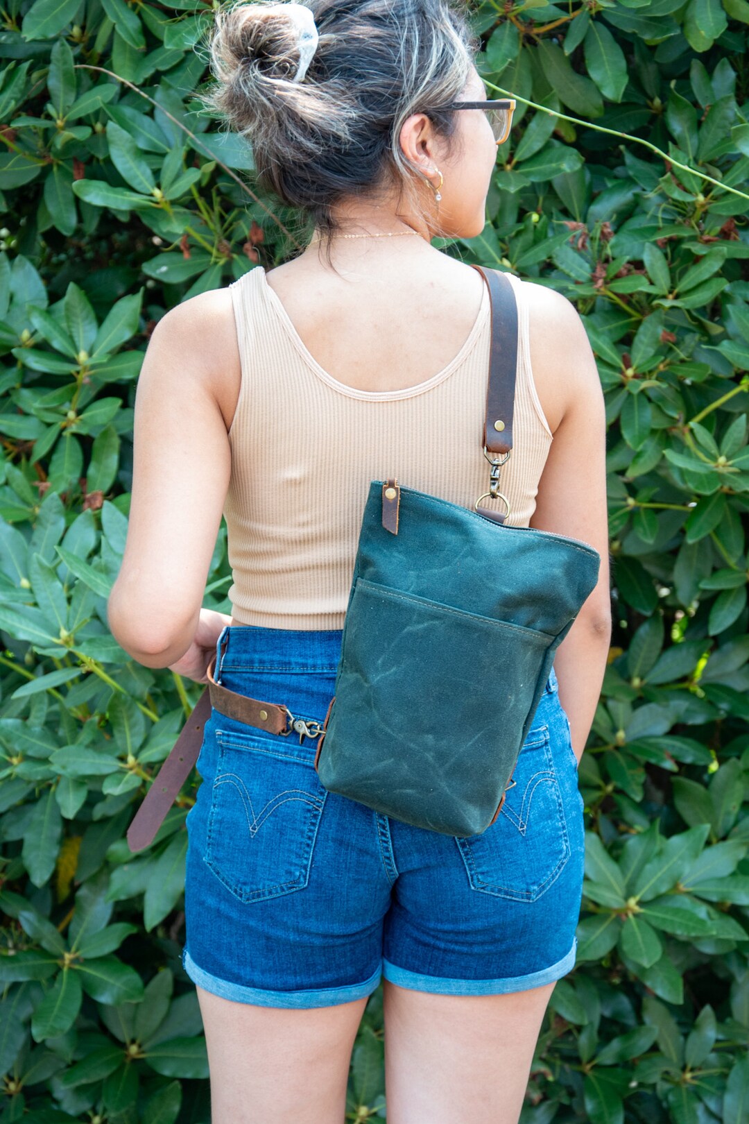 Waxed Canvas Sling Bag With Leather Zipper Purse | Adjustable Strap ...
