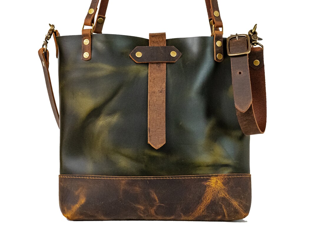 The Jade Slip Thru Tote Handmade Leather Tote Bag Green Leather ...