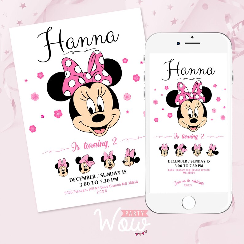 Minnie Invitation, Editable Canva Invitations, Pink Minnie, Tukit ...