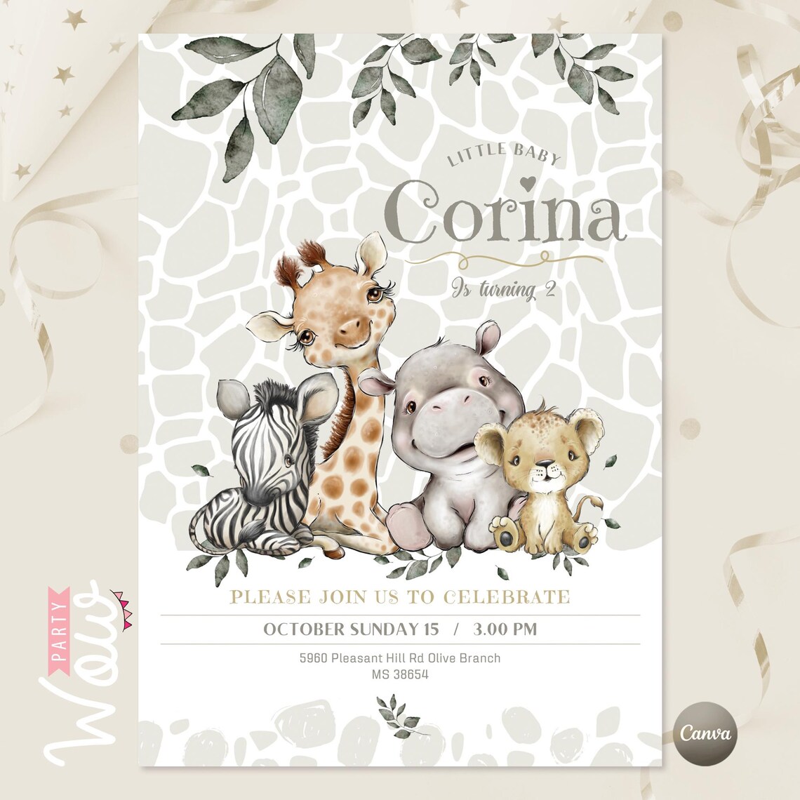Baby Animals Invitation, Editable Canva Invitations, Animal Invitations ...