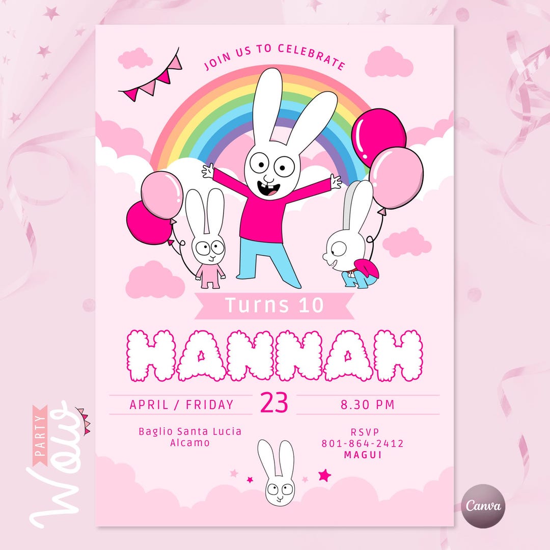 Simon Rabbit Invitation, Editable Canva Invitations, Simon Rabbit ...