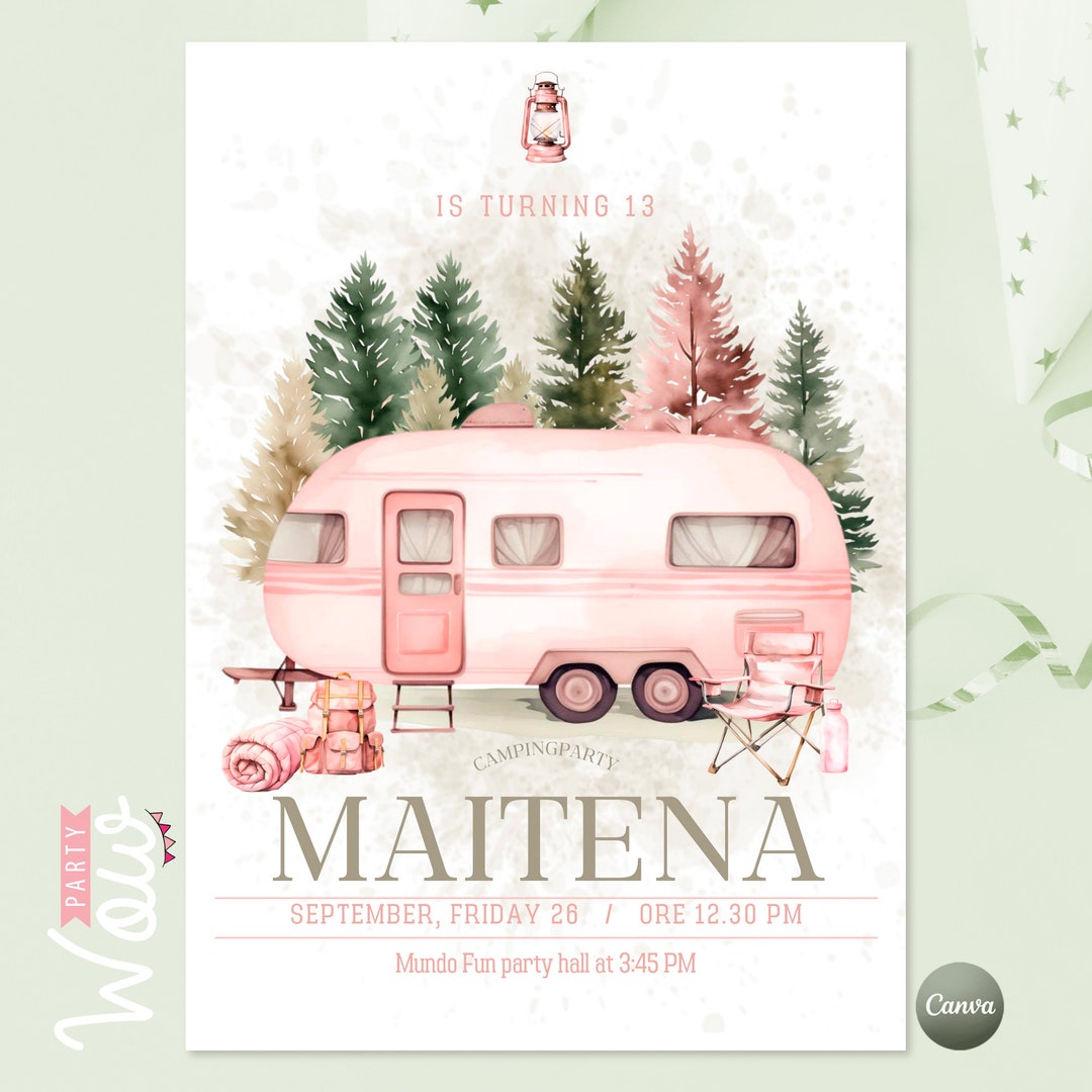Caravan Invitation, Editable Canva Invitations, Camping Party, Camper ...