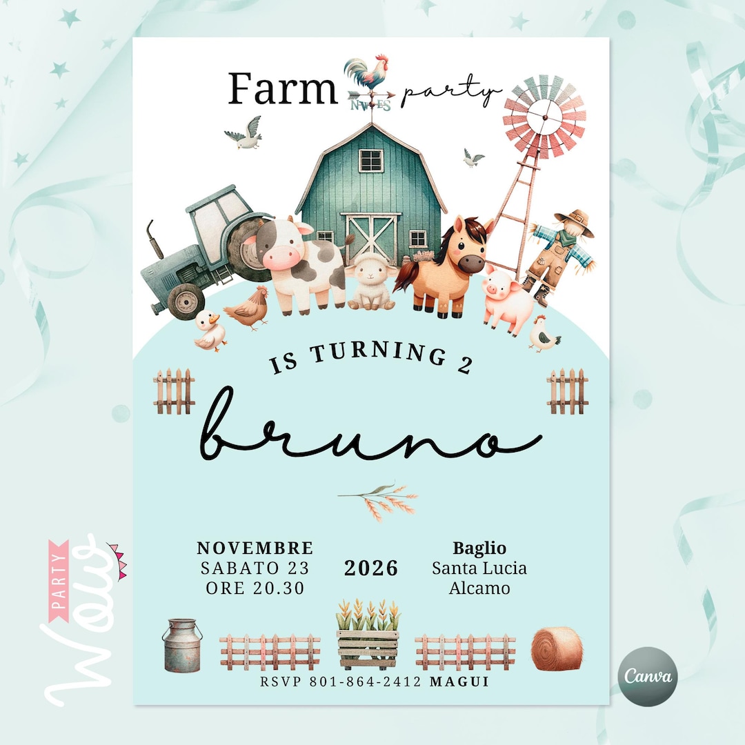 Farm Animals Invitation, Editable Canva Invitations, Farm Party ...