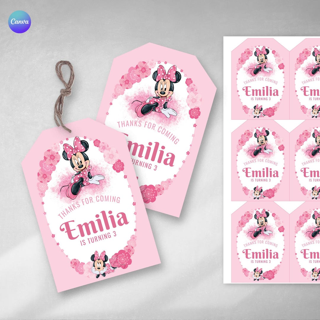 Printable Minnie Mouse Watercolor Tag, Editable Text on Canva, Pink ...