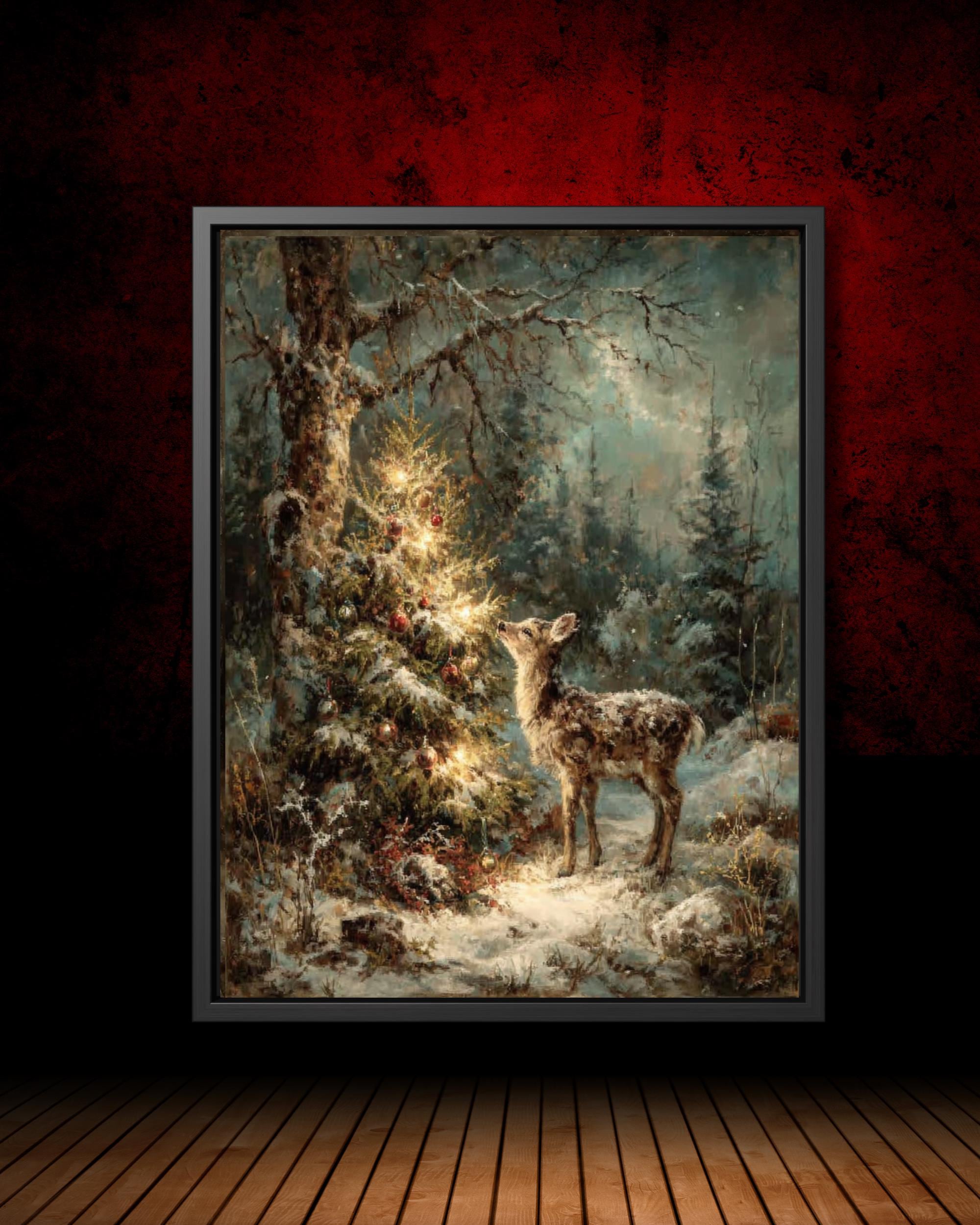Baby Reindeer and Christmas Tree Art Print, Gothic Winter Woodland ...
