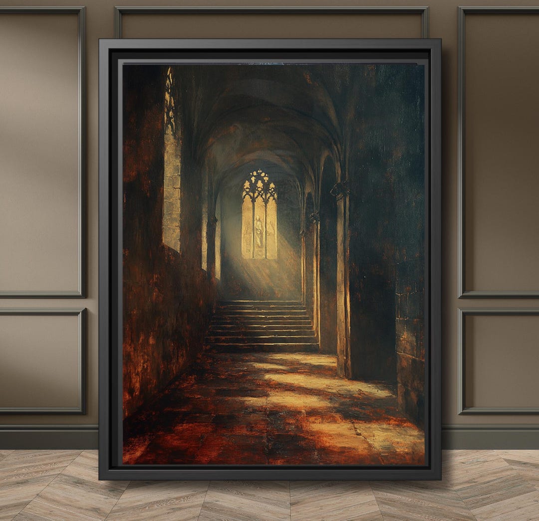 Gothic Cathedral Hallway Wall Art, Sunlit Church Corridor Painting ...