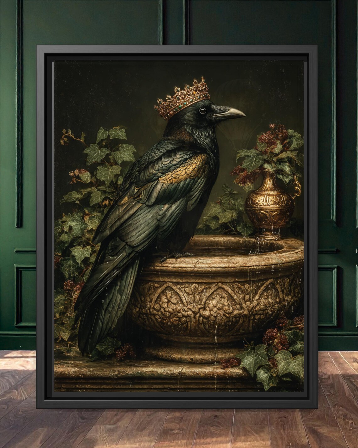 Emerald Raven on Stone Fountain Gothic Wall Art Canvas Print - Etsy