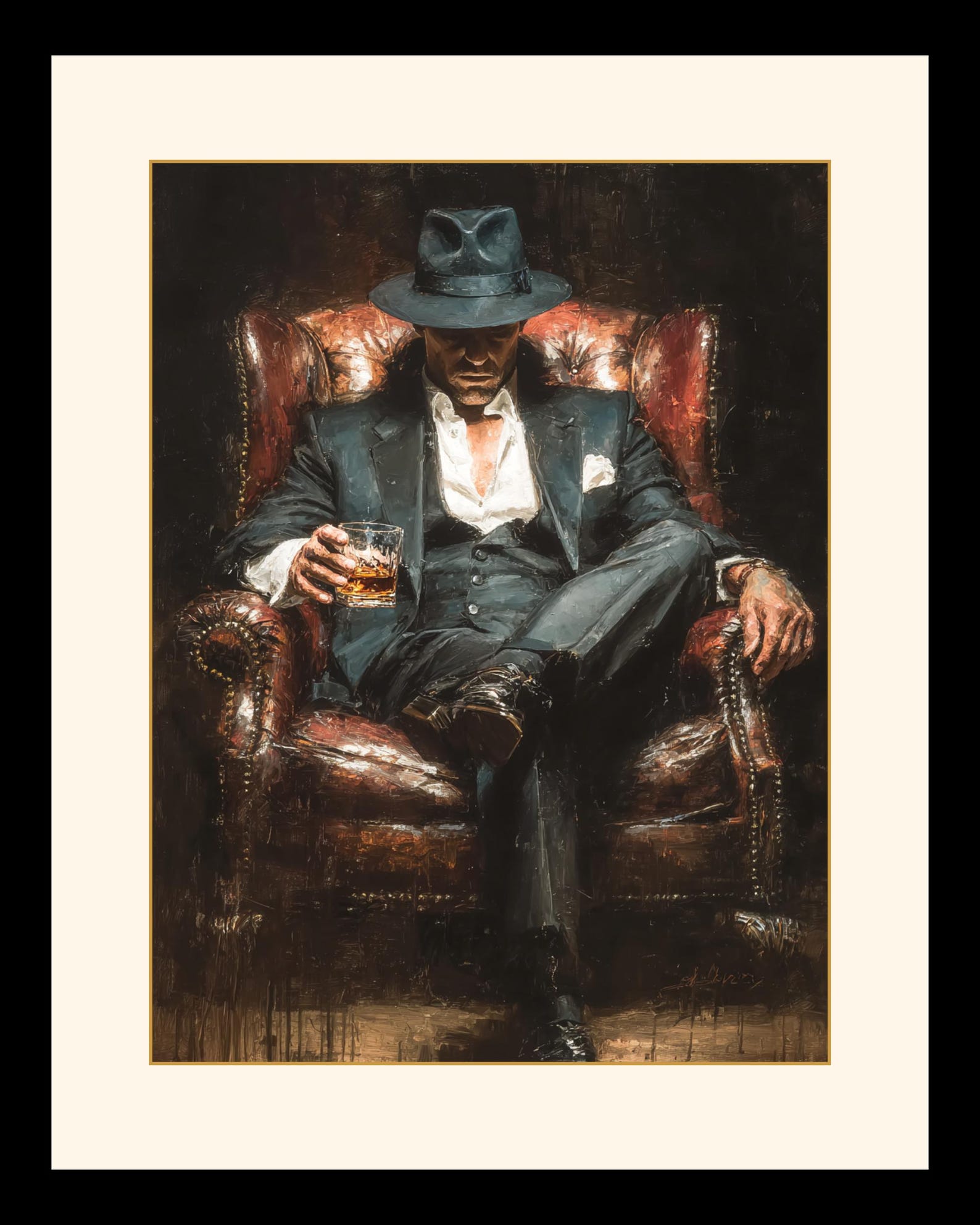 Mafia Boss Wall Art Print, Man in Suit and Fedora With Whiskey Painting ...