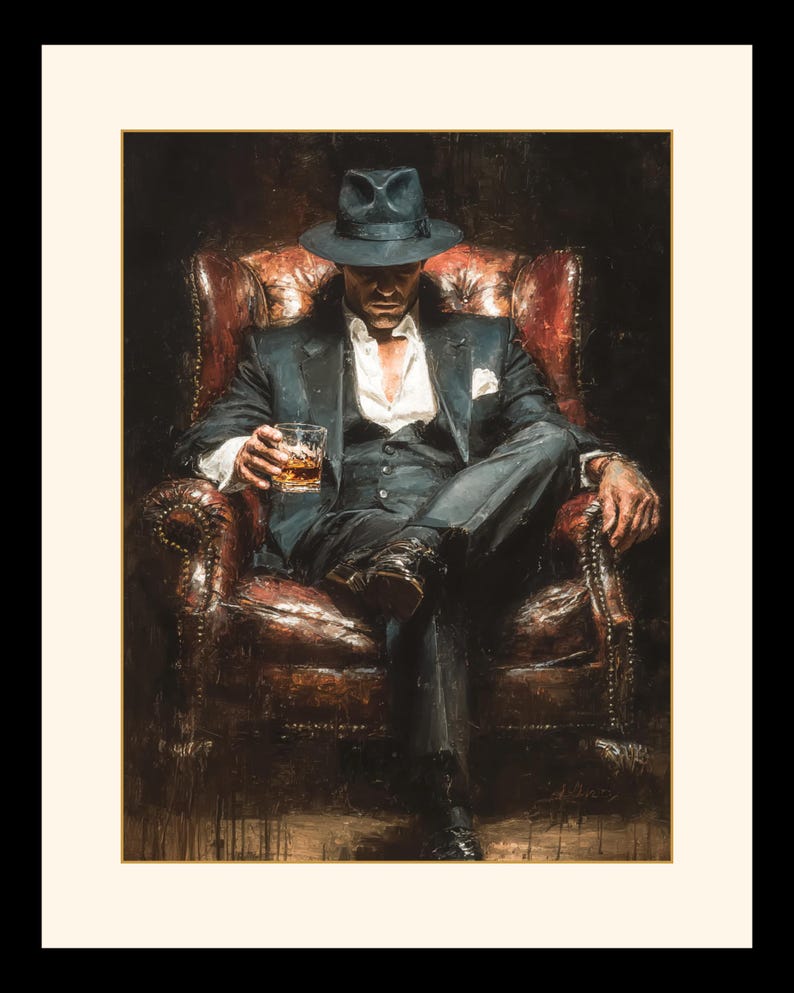 Mafia Boss Wall Art Print, Man in Suit and Fedora With Whiskey Painting ...