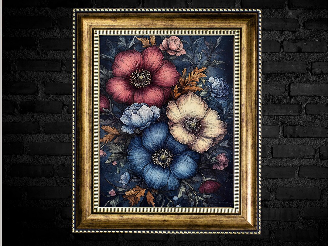 Dark Blue Poppy Flower Art Print, Gothic Botanical Wall Decor, Vintage ...