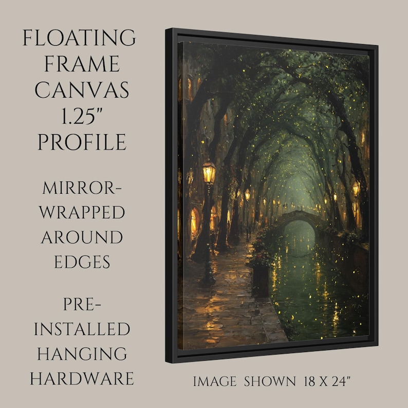 Enchanted Canal Wall Art, Firefly Night Painting, Romantic Street Lamps ...