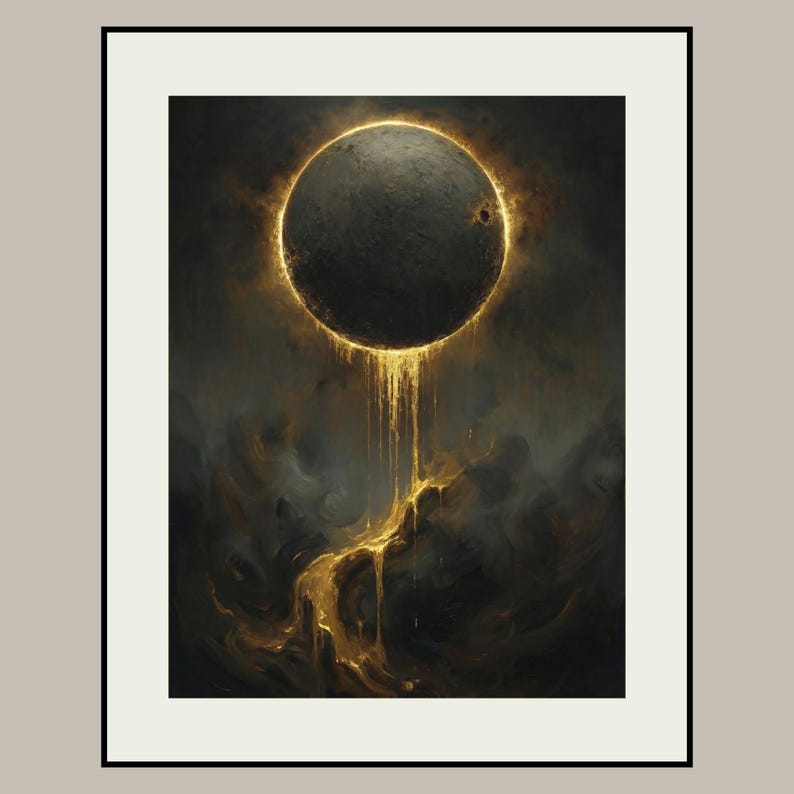 Golden Eclipse Wall Art, Black Moon Dripping Gold, Dark Moody Decor ...