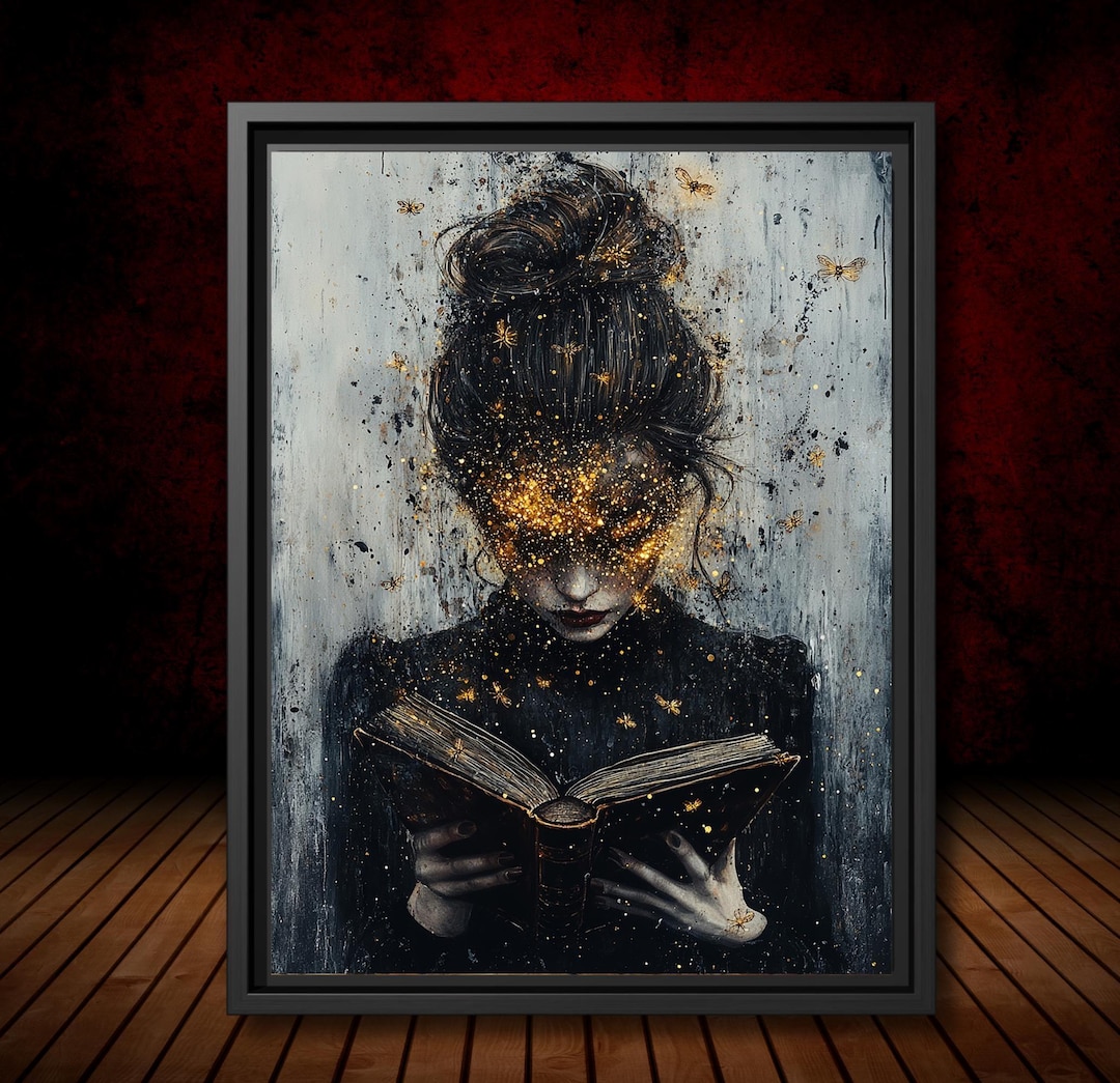 Vintage Lady Reader Wall Art Print Woman Reading Book Gold Moths Moody ...