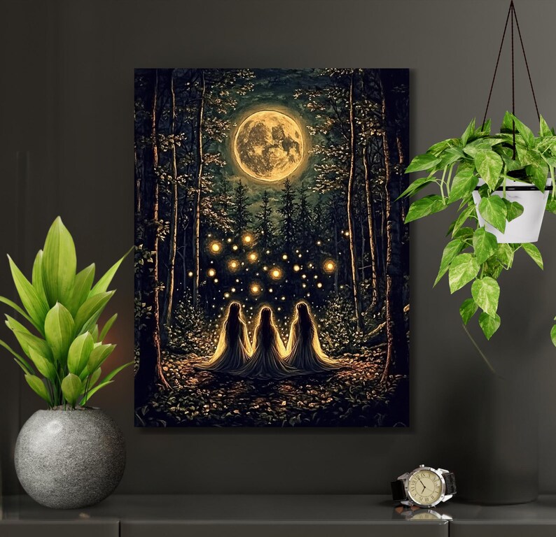 Three Witches Coven Print, Firefly Forest Vintage Witchy Wall Art, Full ...