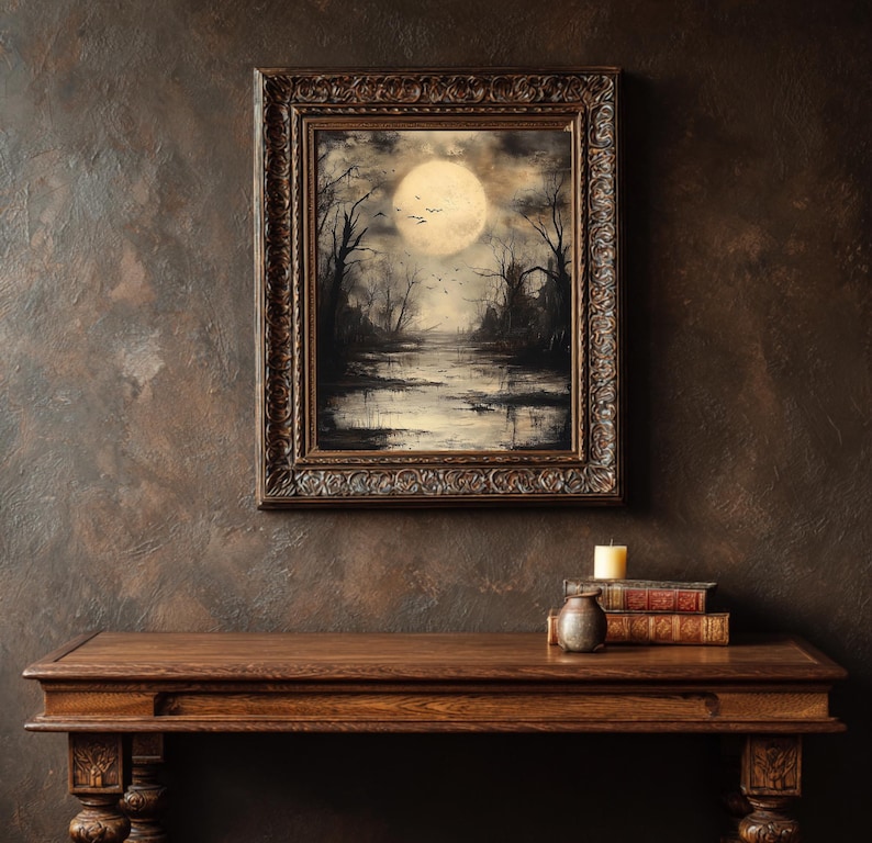 Full Moon, Moody Forest Swamp Wall Art Print Creepy Landscape, Raven ...