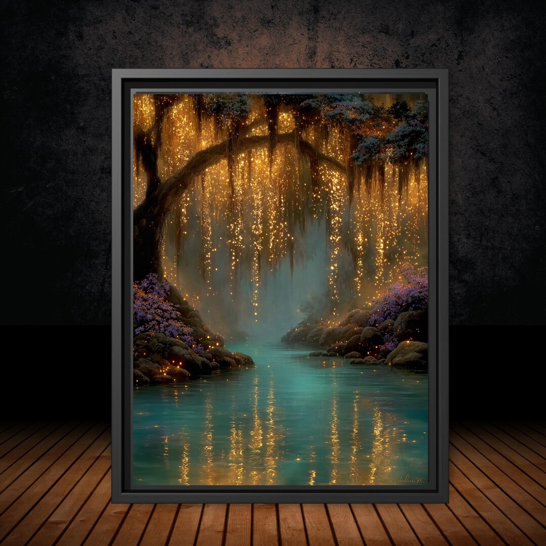 Golden Lit Tree Canopy Art Print Fantasy Firefly Forest Landscape ...