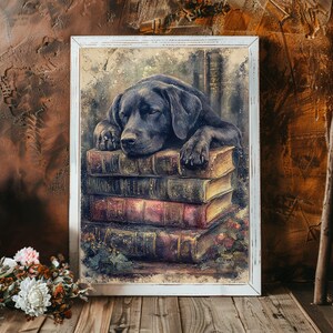 Vintage Black Labrador Wall Art, Antique Books and Black Lab Print ...