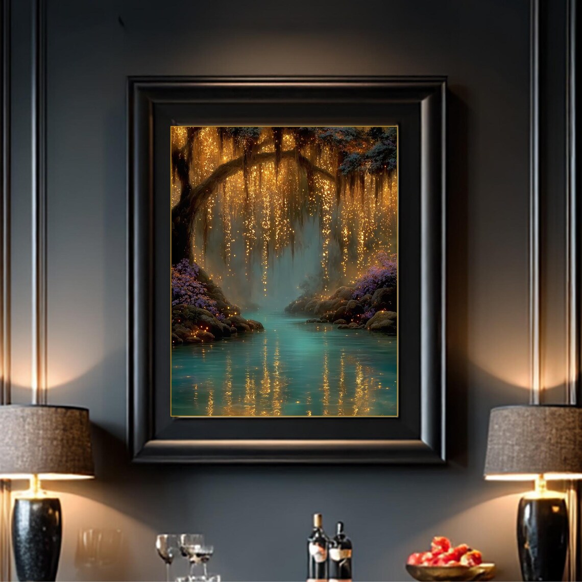 Golden Lit Tree Canopy Art Print Fantasy Firefly Forest Landscape ...