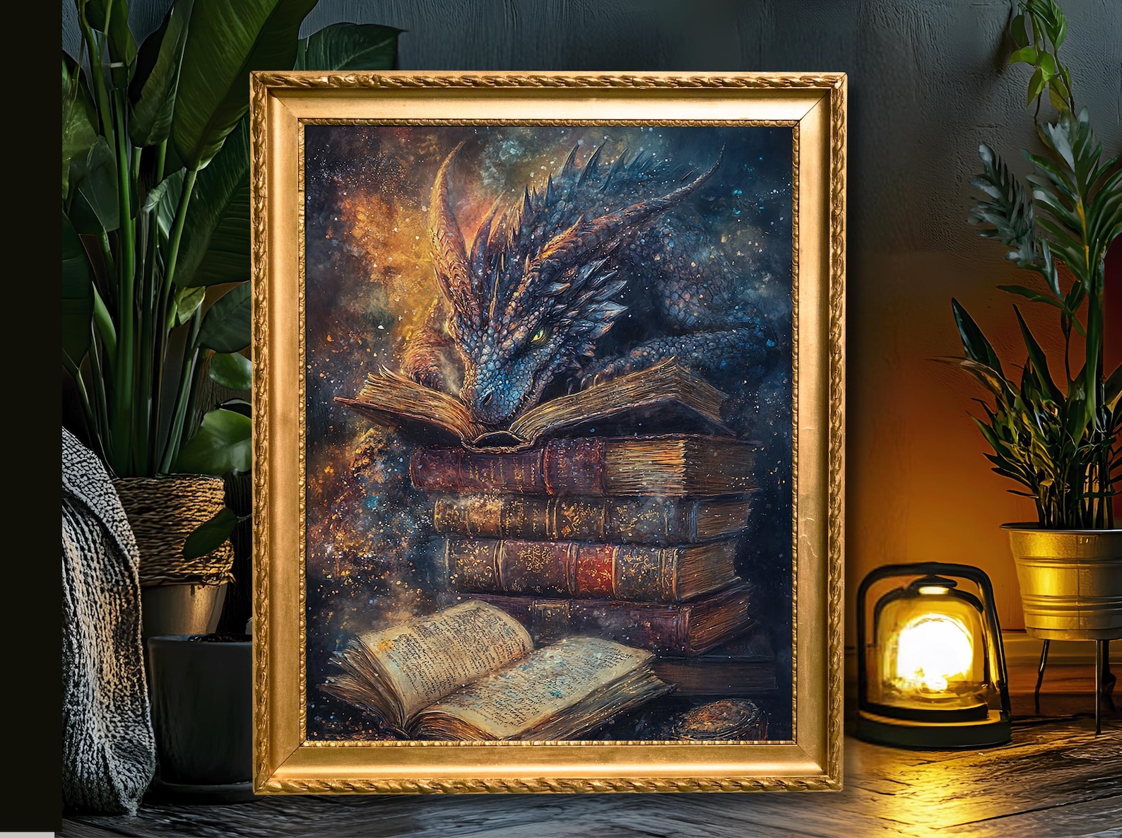 Fantasy Dragon Book Print, Mystical Creature Library Wall Art Decor ...