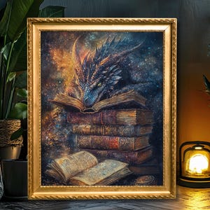Fantasy Dragon Book Print, Mystical Creature Library Wall Art Decor ...