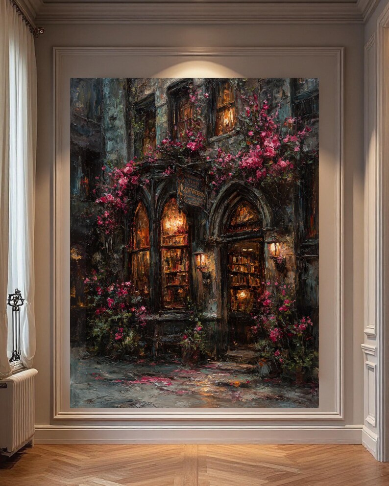 Gothic Bookstore Storefront Oil Painting Print, Dark Academia Library ...