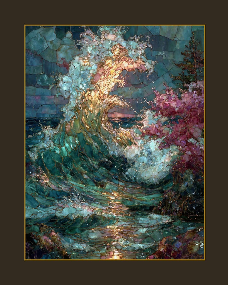 Stained Glass Effect Ocean Tree Wall Print, Wave Art Mosaic, Sea ...