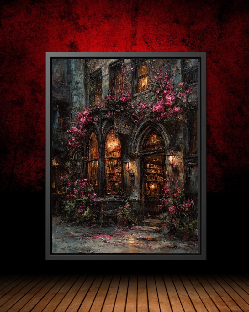 Gothic Bookstore Storefront Oil Painting Print, Dark Academia Library ...