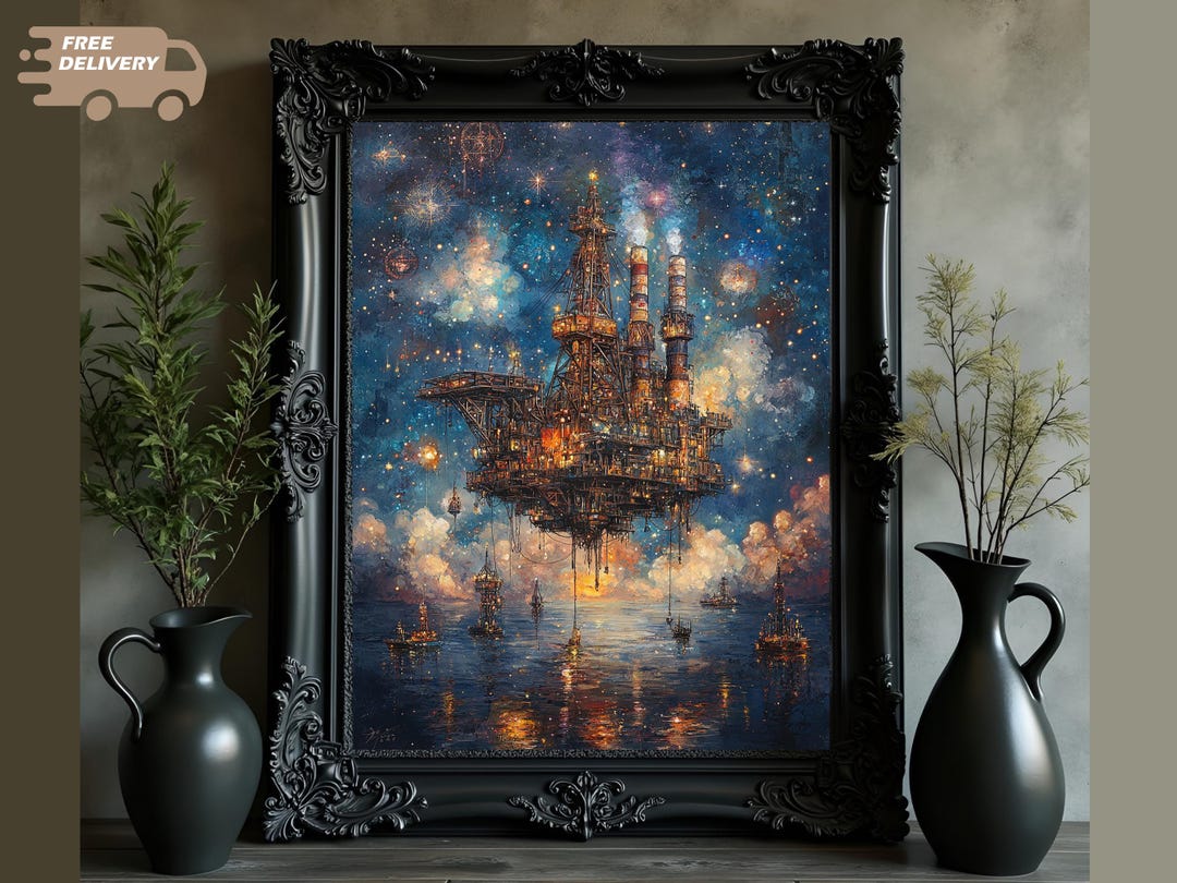 Steampunk Floating Oil Rig Art Print, Industrial Fantasy Wall Decor ...