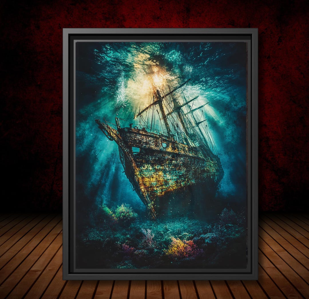 Sunken Pirate Ship Wall Art Print Underwater Shipwreck Painting Fantasy ...