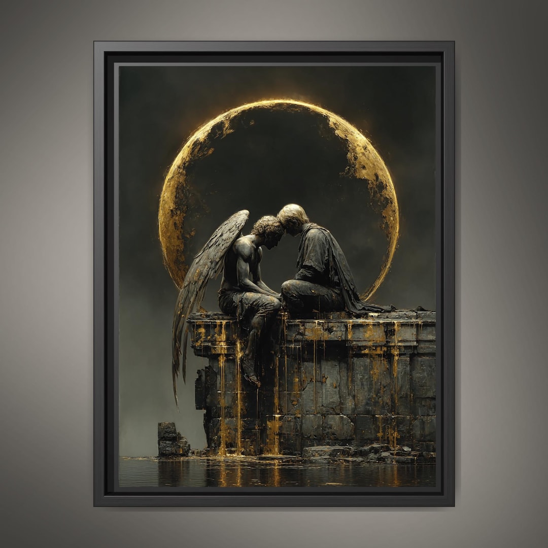 Angel and Lover Under Golden Eclipse Moon Art Print, Romantic Wall Art ...