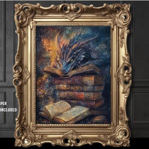 Fantasy Dragon Book Print, Mystical Creature Library Wall Art Decor ...