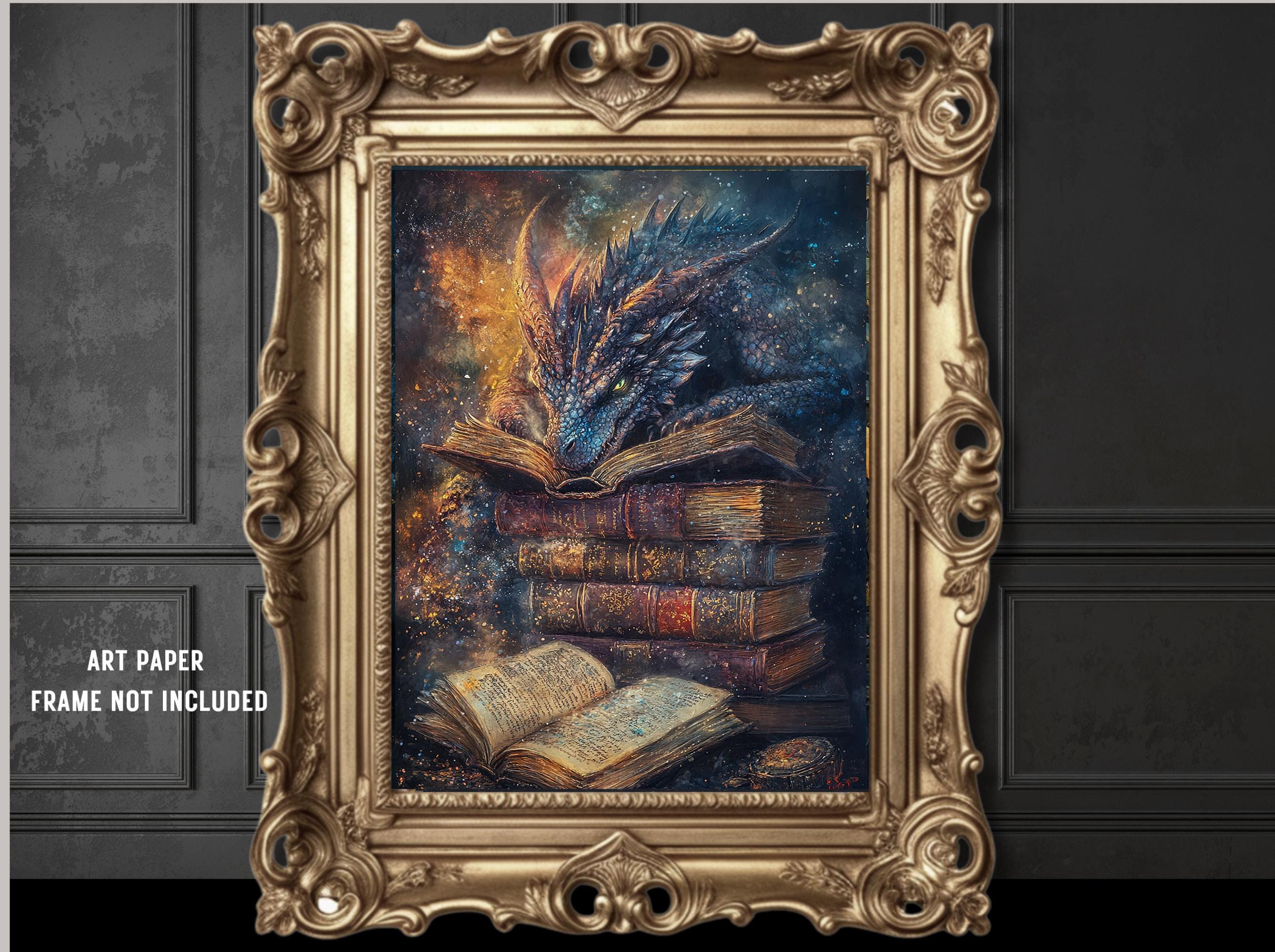 Fantasy Dragon Book Print, Mystical Creature Library Wall Art Decor ...